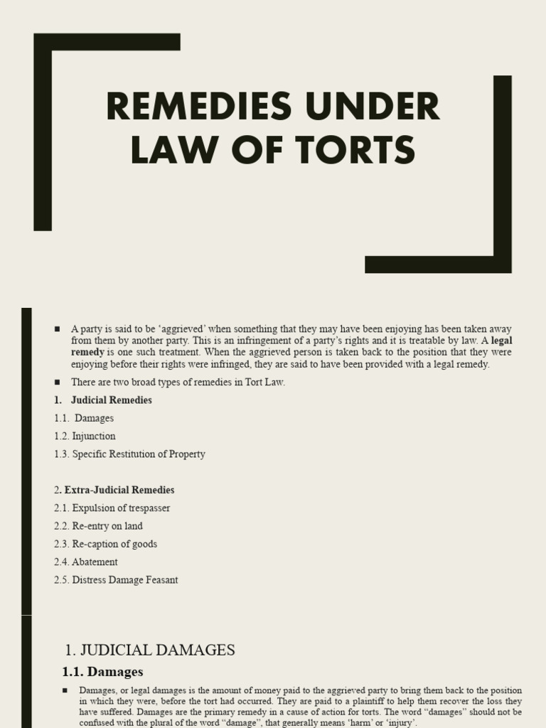 Remedies Under Law of Torts | PDF | Damages | Legal Remedy
