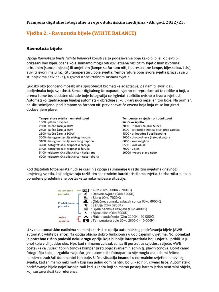 Vjezba - Ravnoteza Bijele (WB) | PDF