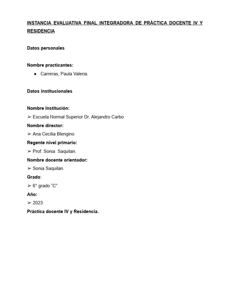 Evaluación de Práctica Docente IV 2023 | PDF | Maestros | Enseñando