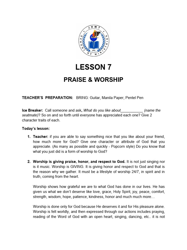 LESSON-7-Praise-Worship | PDF | Worship | God