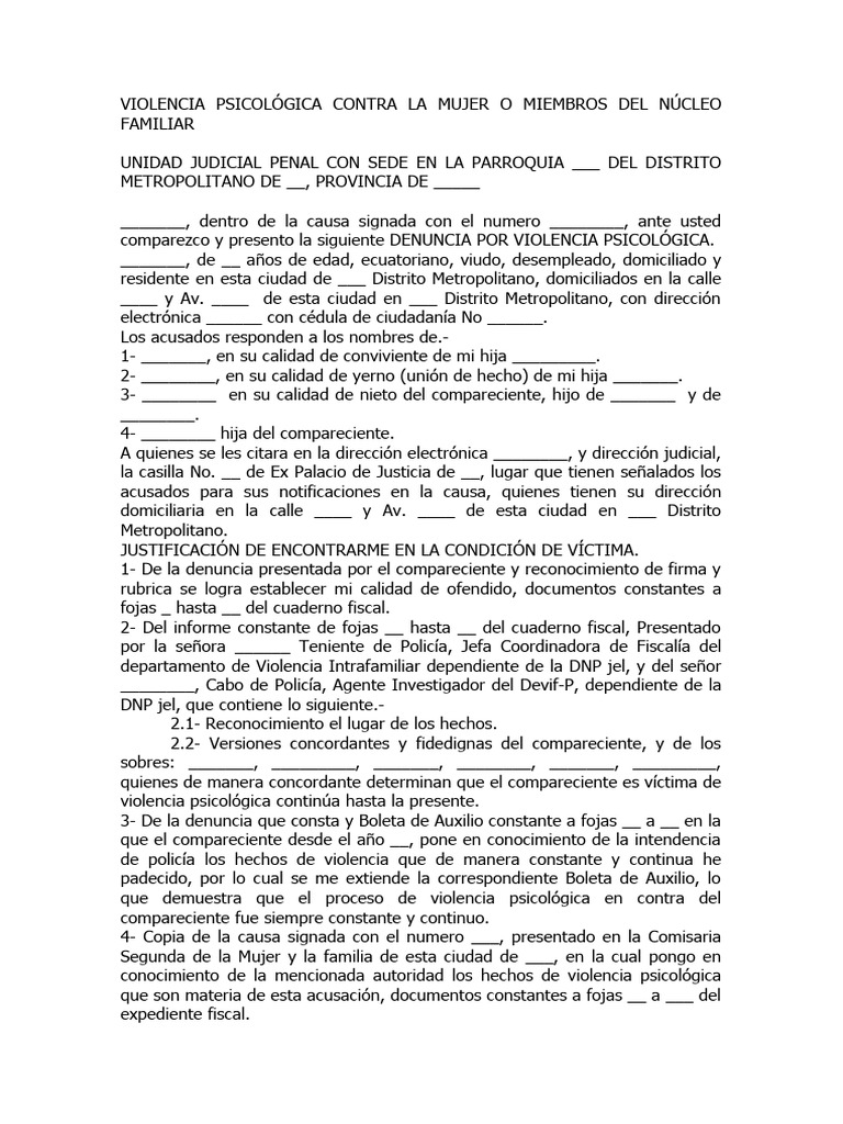 Modelo de Denuncia Por Violencia Psicológica Contra La Mujer o Miembros Del Núcleo Familiar ...