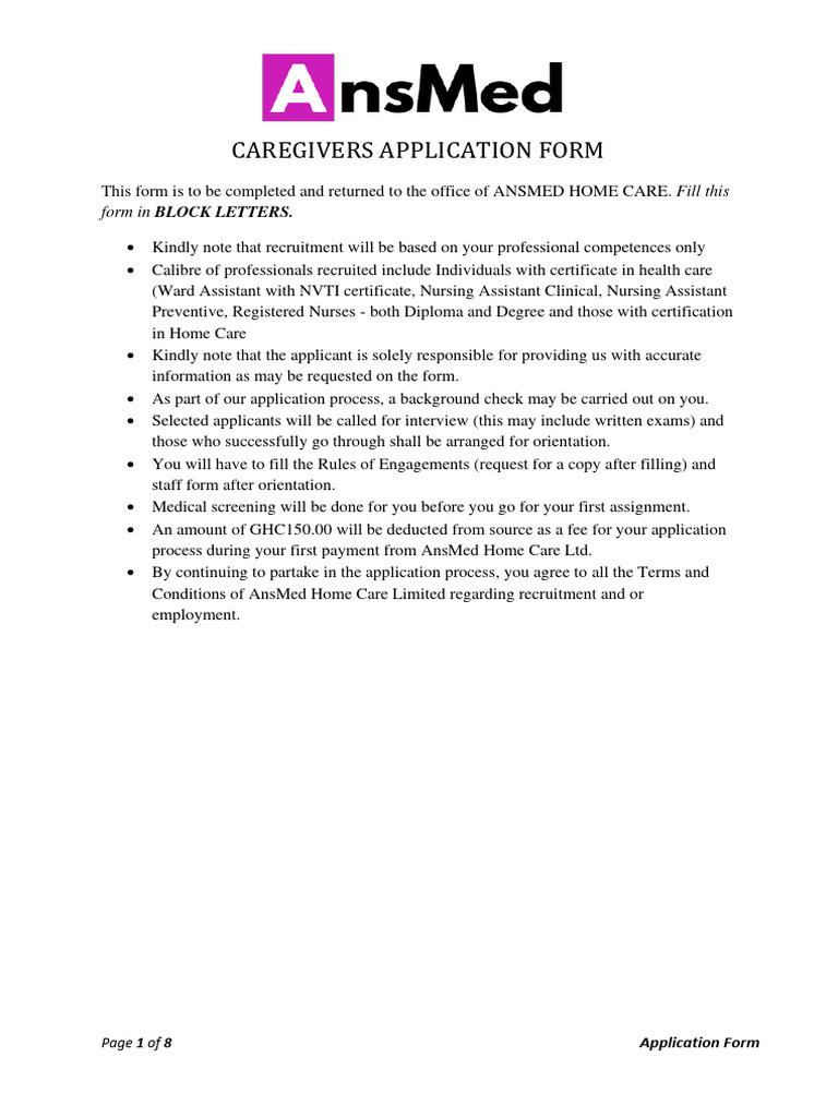 Caregivers Application Form | PDF | Nursing | Caregiver