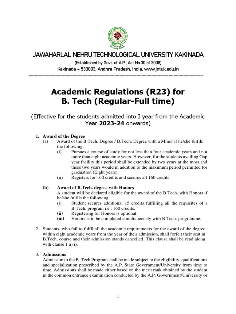 B.Tech Regulations 2023-24 | PDF | Academic Degree | Massive Open Online Course