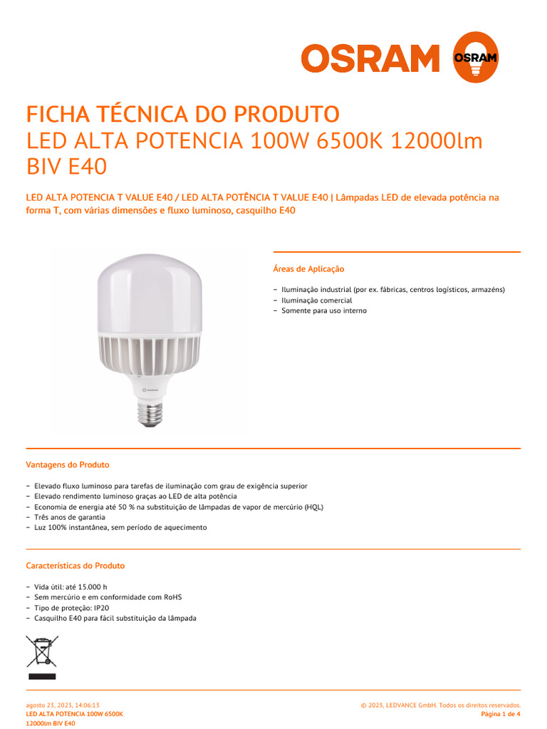 Lâmpada LED 100W E40 12000lm 6500K | PDF | Potência (Física) | Lâmpada ...