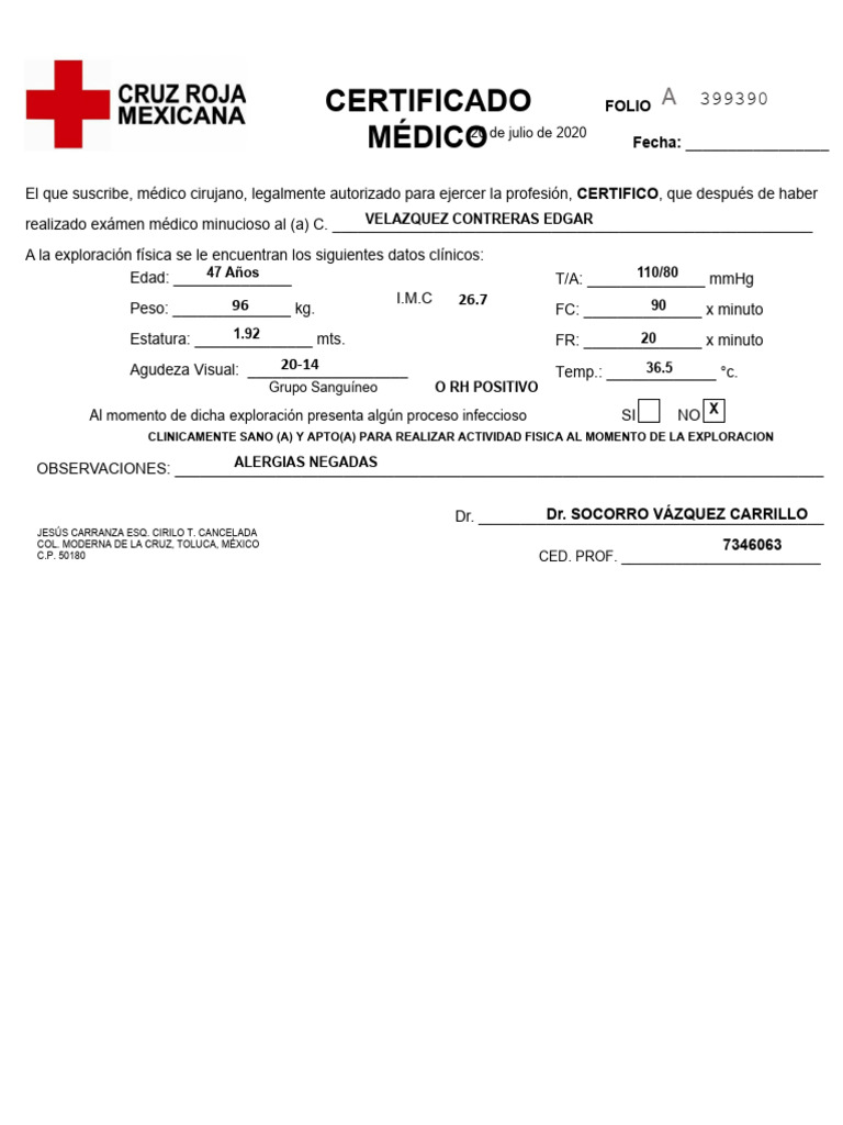 Certificado Medico Cruz Roja | PDF | Medicina | Cuidado de la salud