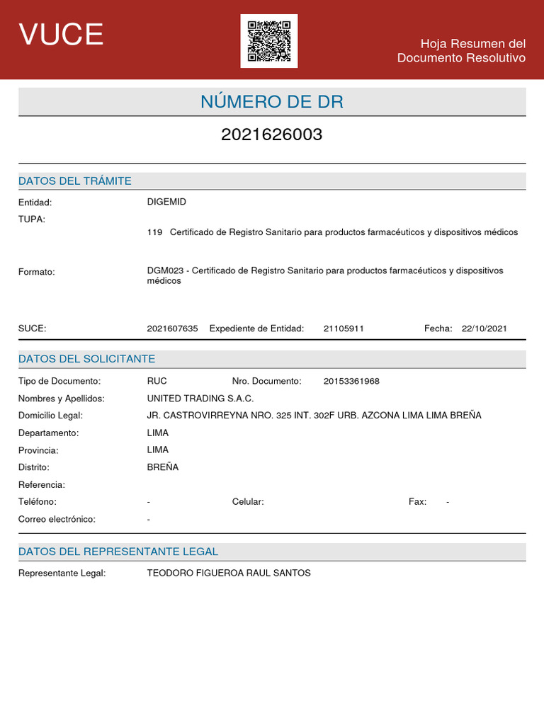 VUCE HojaResumen DR 2021626003 | PDF