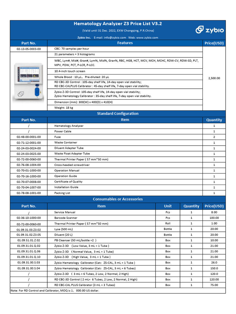 Zybio Z3 Hematology Analyzer Pricing | PDF | Clinical Medicine | Tissue ...
