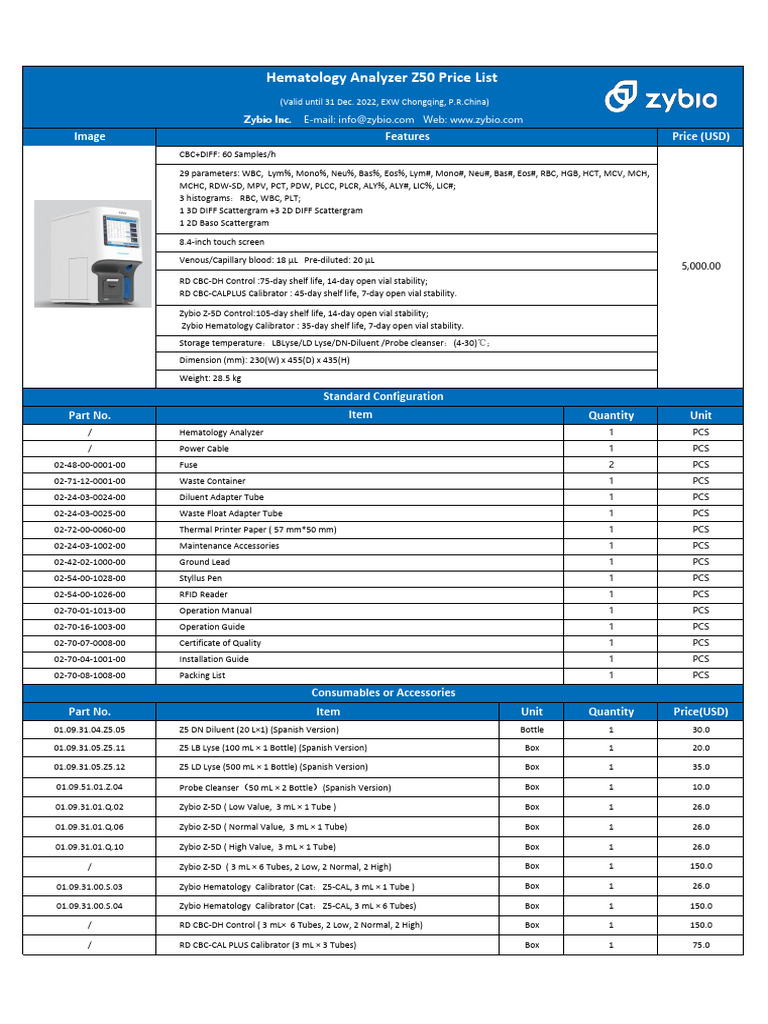 (Zybio) Hematology Analyzer Z50 | PDF | Medical Specialties