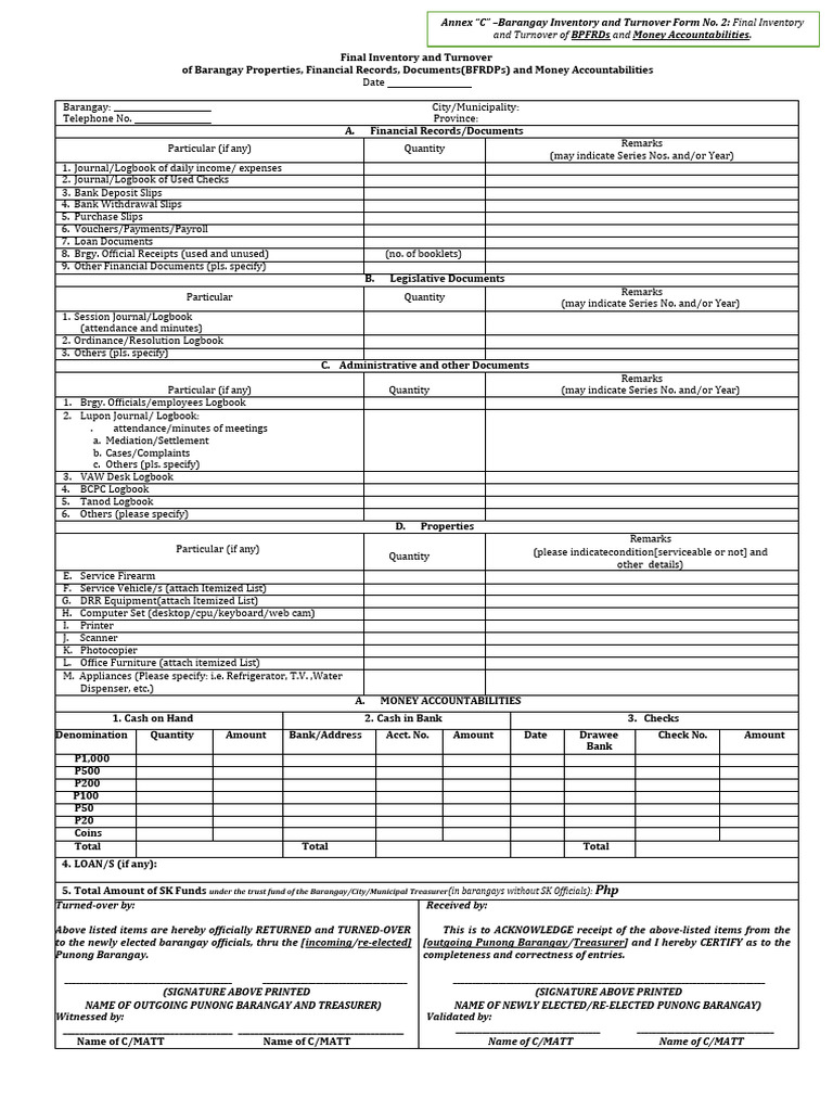 Barangay Inventory and Turnover Form No 2 Final Inventory and Turnover ...