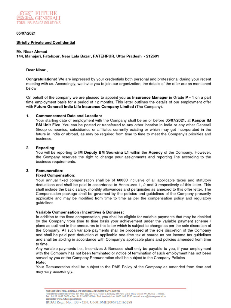 RT00013461 Offer Letter | PDF | Taxes | Employment