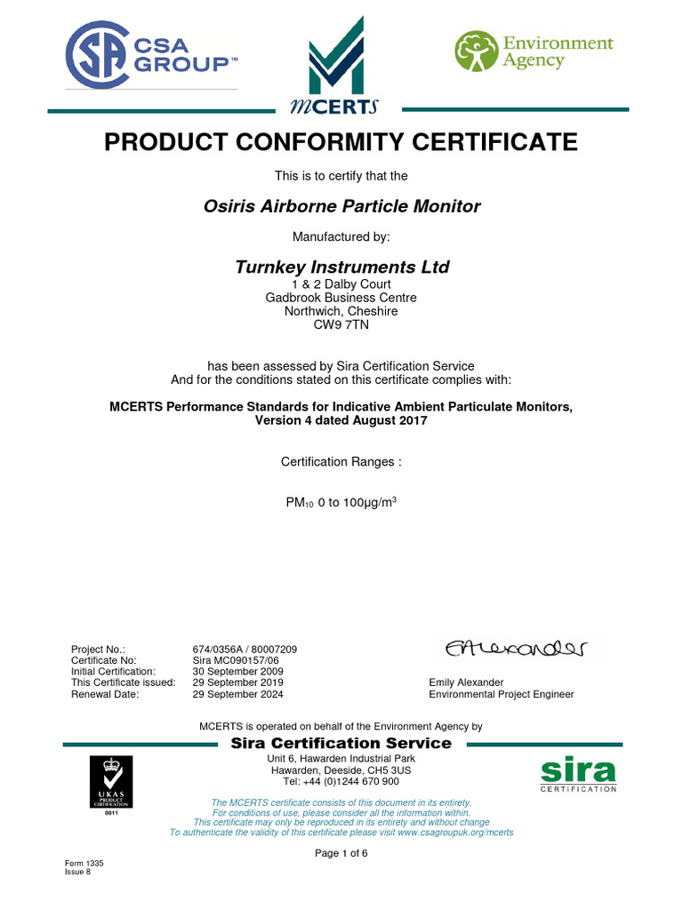 Osiris MCERTS Certificate | Download Free PDF | Particulates | Calibration