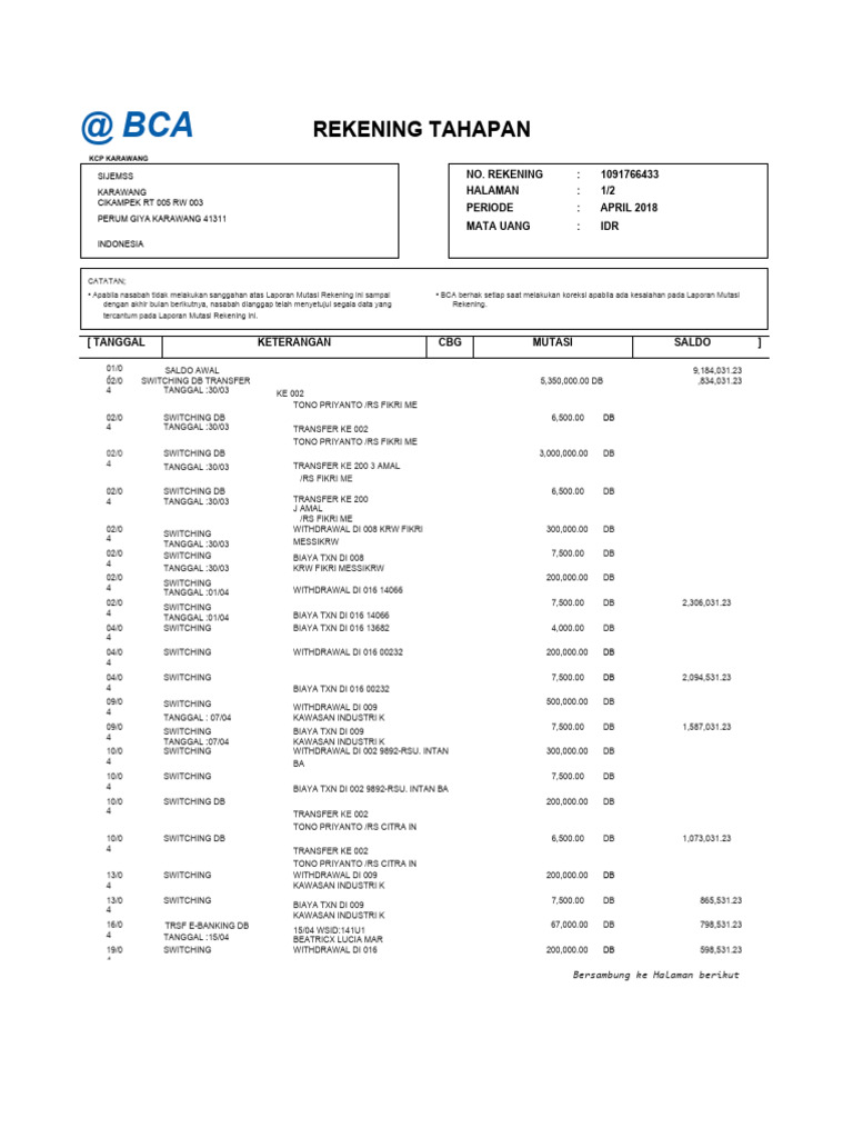 Contoh Rekening Koran BCA 1 | PDF | Teknologi & Rekayasa