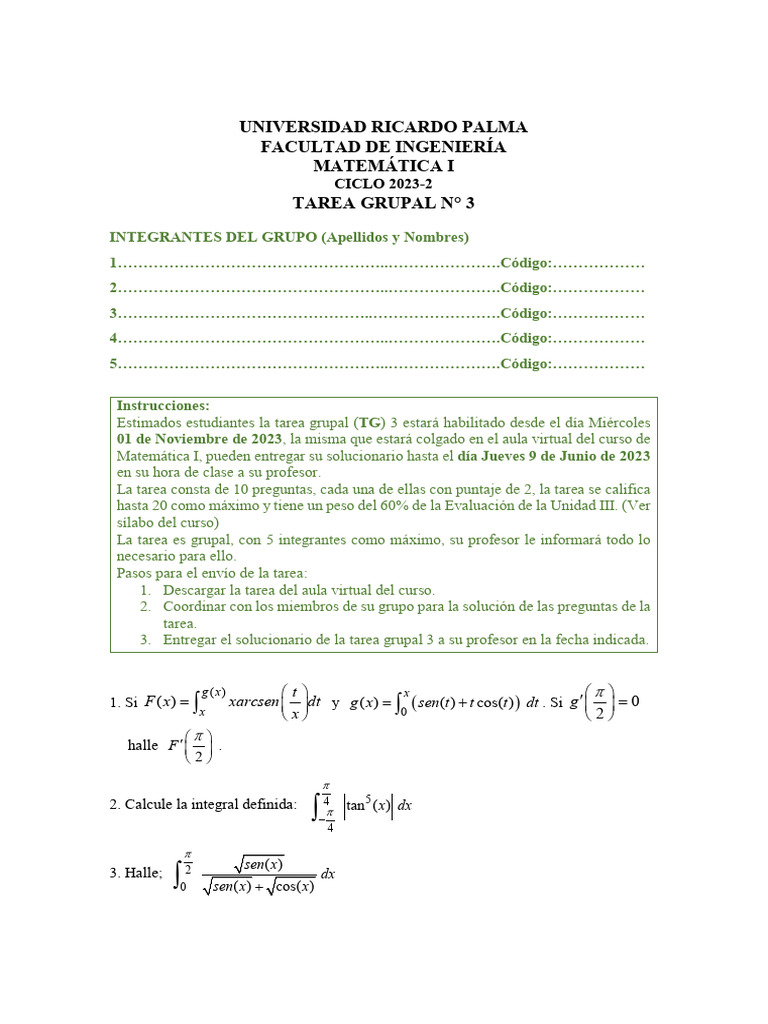TAREA GRUPAL 3 Matemática I, 2023-2 | PDF | Integral | Matemáticas