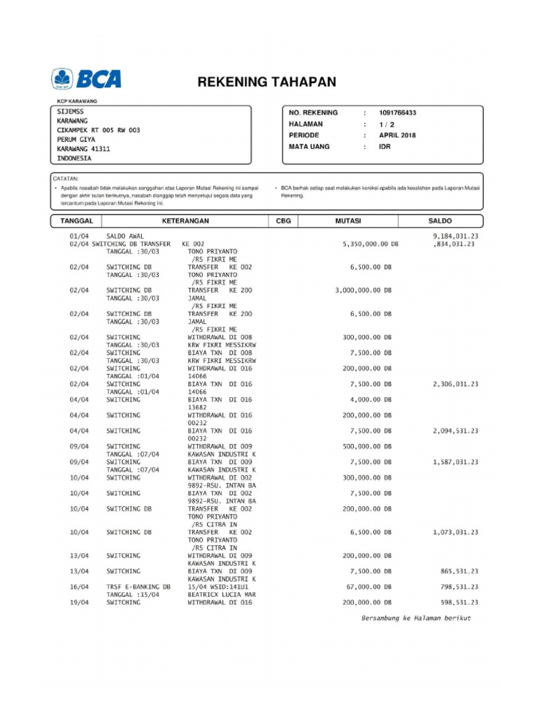 Contoh Rekening Koran BCA 1 | PDF
