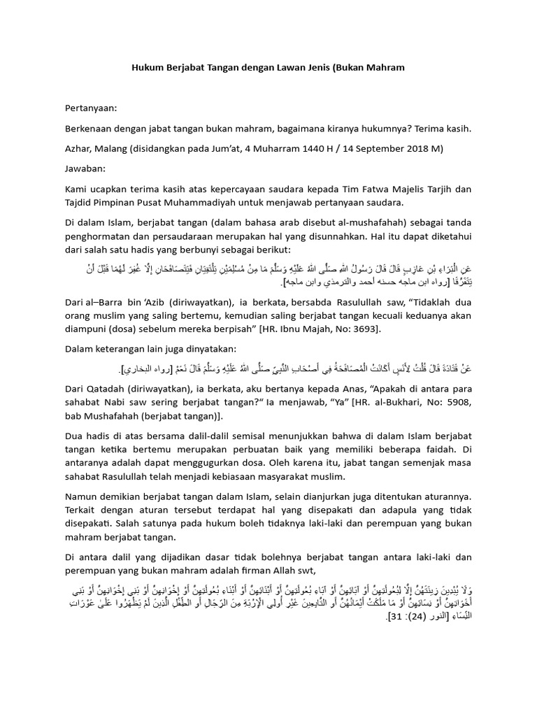 Hukum Berjabat Tangan Dengan Lawan Jenis (Bukan Mahram) | PDF Hukum Berjabat Tangan Dengan Lawan Jenis (Bukan Mahram) | PDF