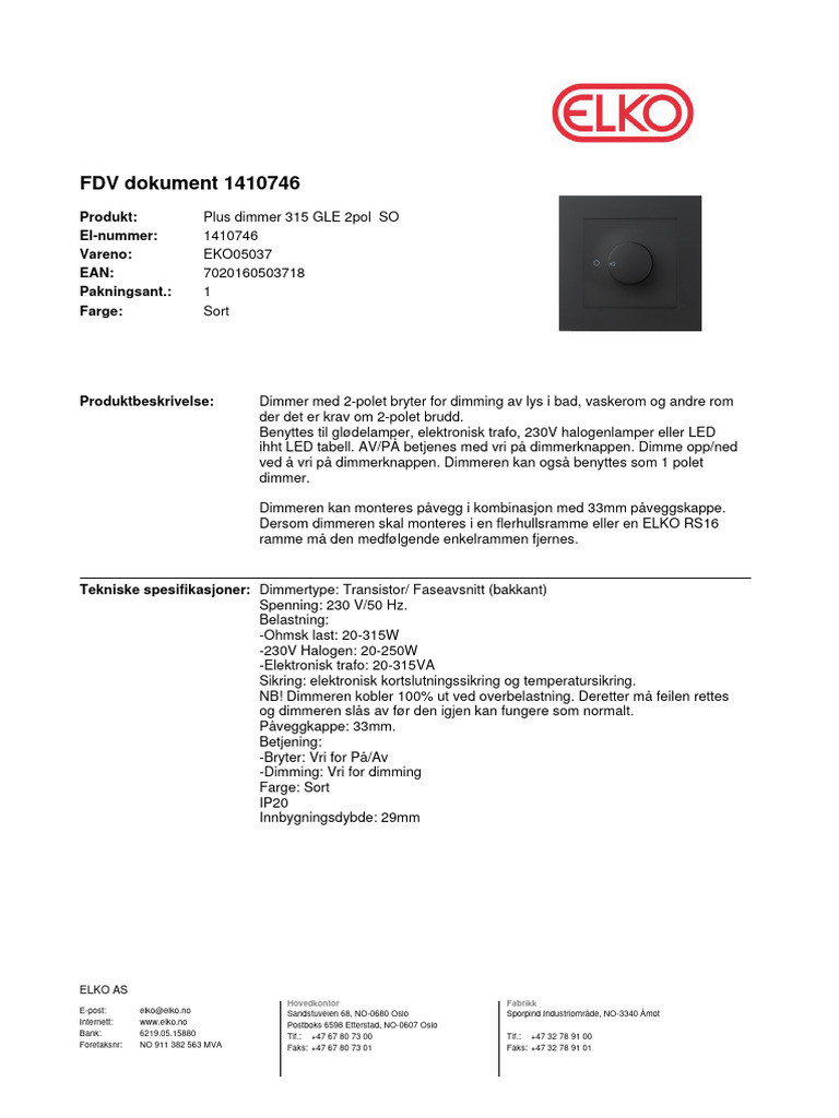 ELKO FDV - Dimmer-315-Gled-2-Pol-Plus-Sort-1410746 - 969022 | PDF