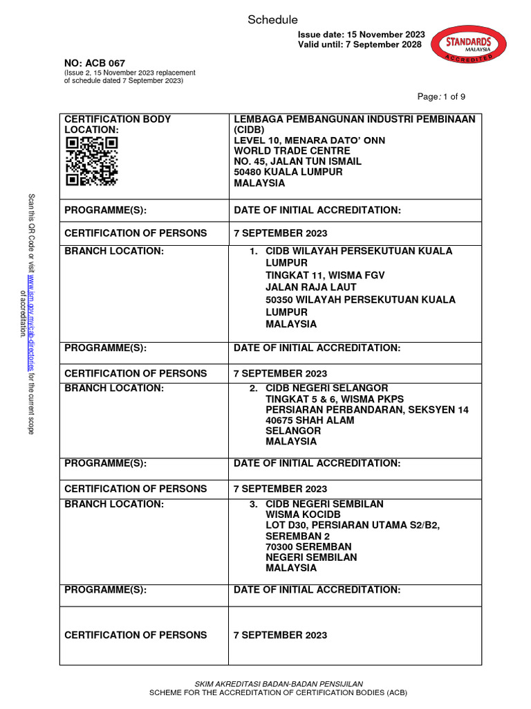 CIDB Certification Accreditation Schedule | PDF | Construction | Welding