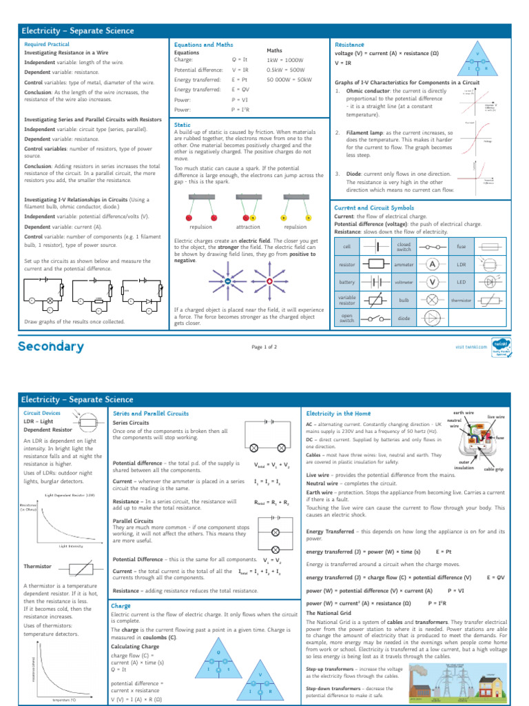 AQA Physics Topic 2 Electricity Knowledge Organiser | Download Free PDF ...