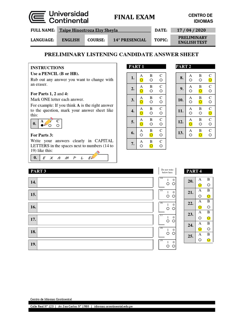 3.6. FINAL EXAM - Answer Sheet (Listening) | PDF | Evaluation Methods ...