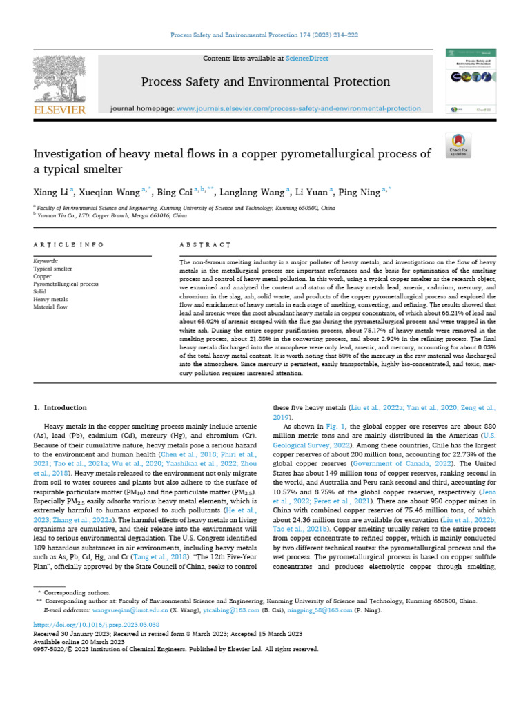 Investigation of Heavy Metal Flows in A Copper Pyrometallurgical ...