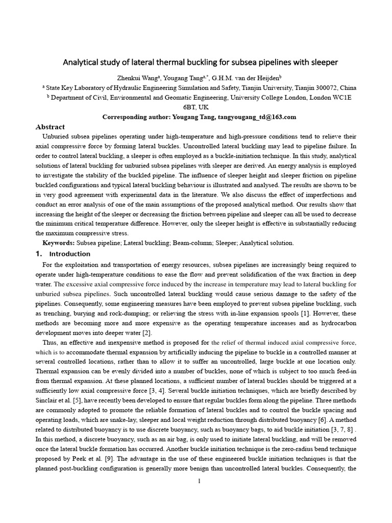 Analytical Study of Lateral Thermal Buckling For Subsea Pipelines With ...