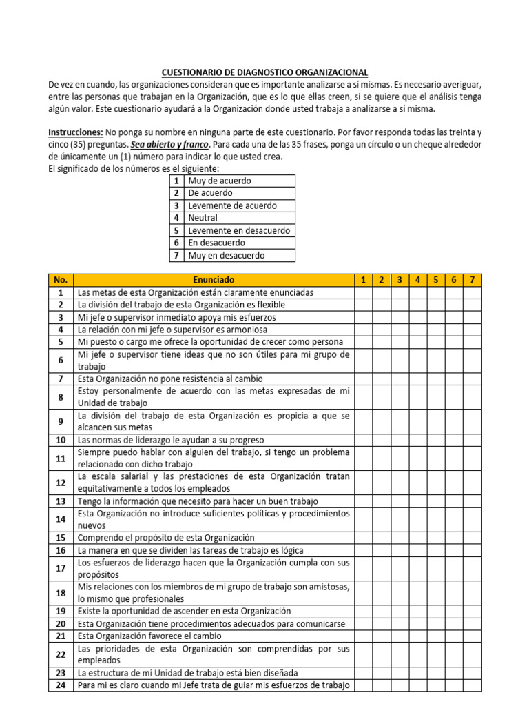 Cuestionario de Diagnóstico Organizacional | PDF | Cuestionario