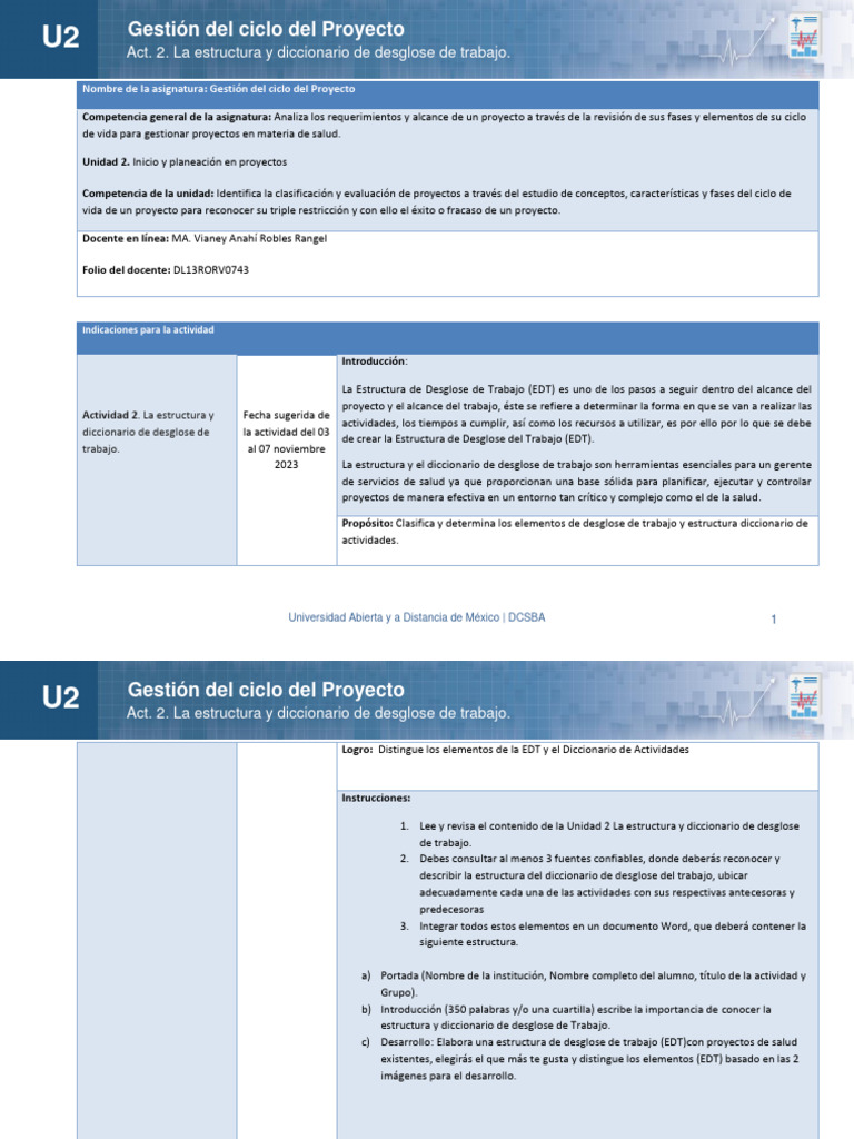 Planecion 2023 Unidad 2 Act 2 (La Estructura y Diccionario de Desglose de Trabajo) Rev 2 | PDF ...