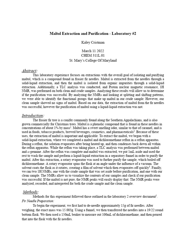 Kchristman Maltol Extraction and Purification Report 2 | PDF | Thin ...