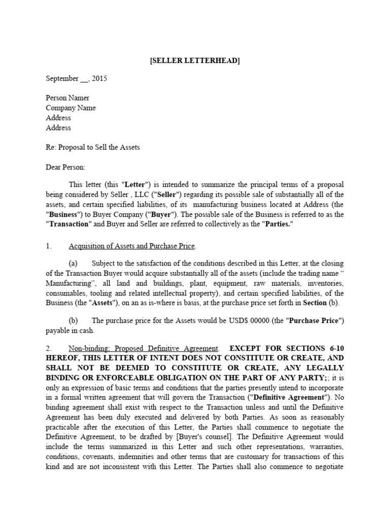 Asset Purchase LOI | PDF | Prices | Business Law