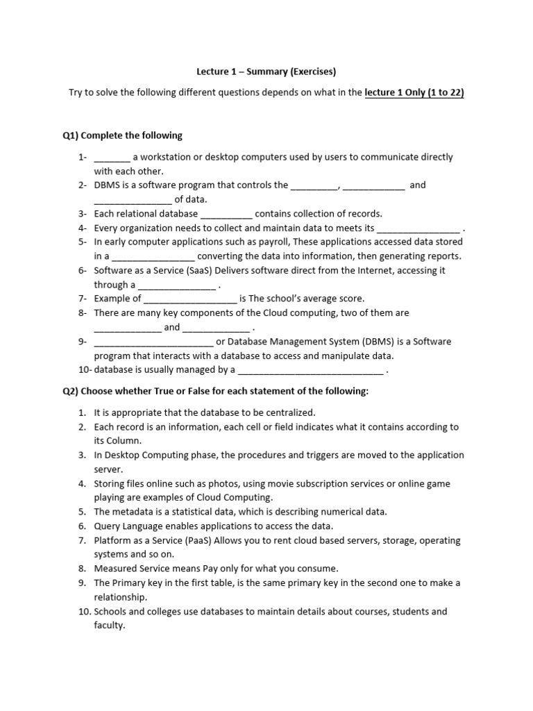 Lecture 1 Exercises | PDF | Databases | Cloud Computing