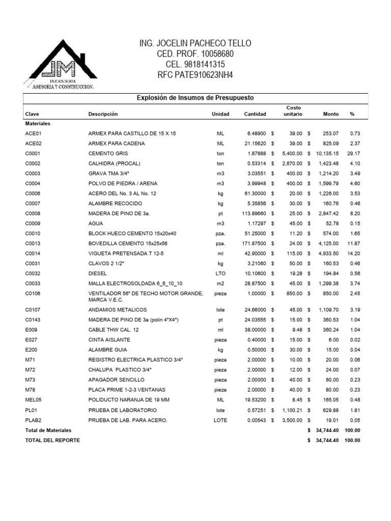 Ejemplo de Explosion de Insumos de Obra | PDF | Bienes manufacturados