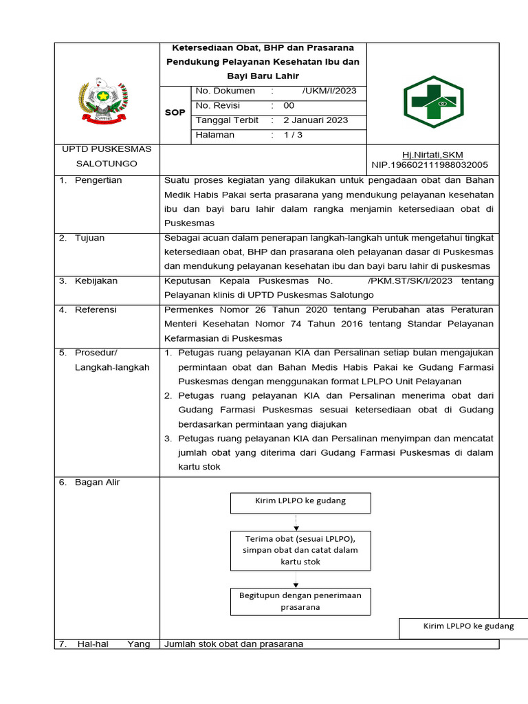 SOP Ketersediaan Obat, BHP Dan Prasarana Pendukung Pelayanan Kesehatan Ibu Dan Bayi Baru Lahir ...