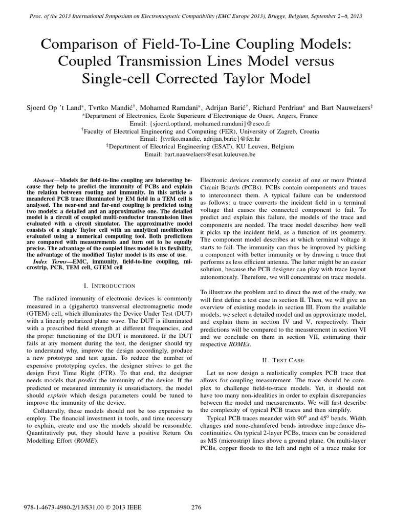 Comparison of Field-To-Line Coupling Models: Coupled Transmission Lines ...