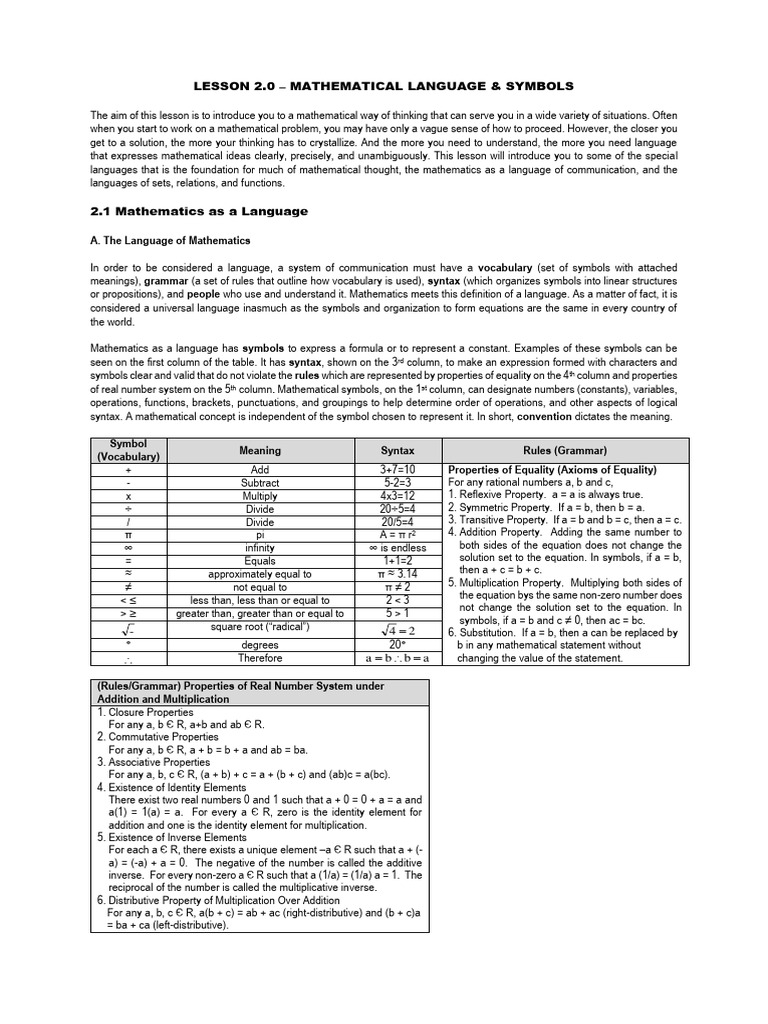 Mathematical Language and Symbols Guide | PDF | Multiplication ...