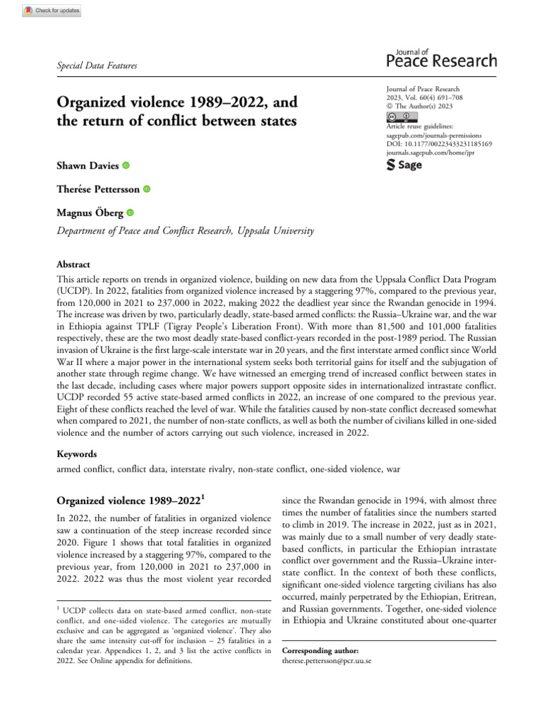 Davies Et Al 2023 Organized Violence 1989 2022 and The Return of ...