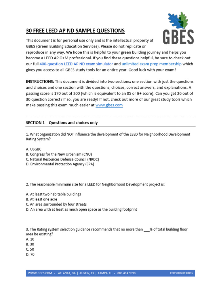 LEED AP ND Sample Questions | PDF | Wetland | Mixed Use Development
