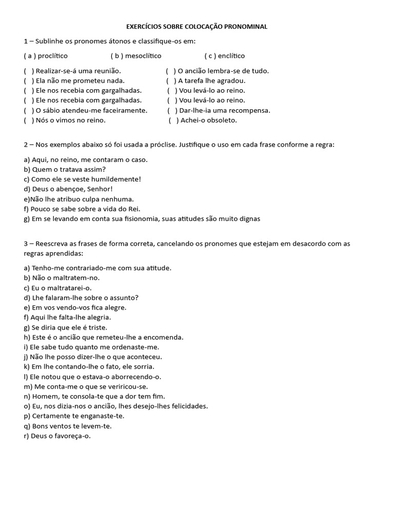 Exercícios Sobre Colocação Pronominal | PDF