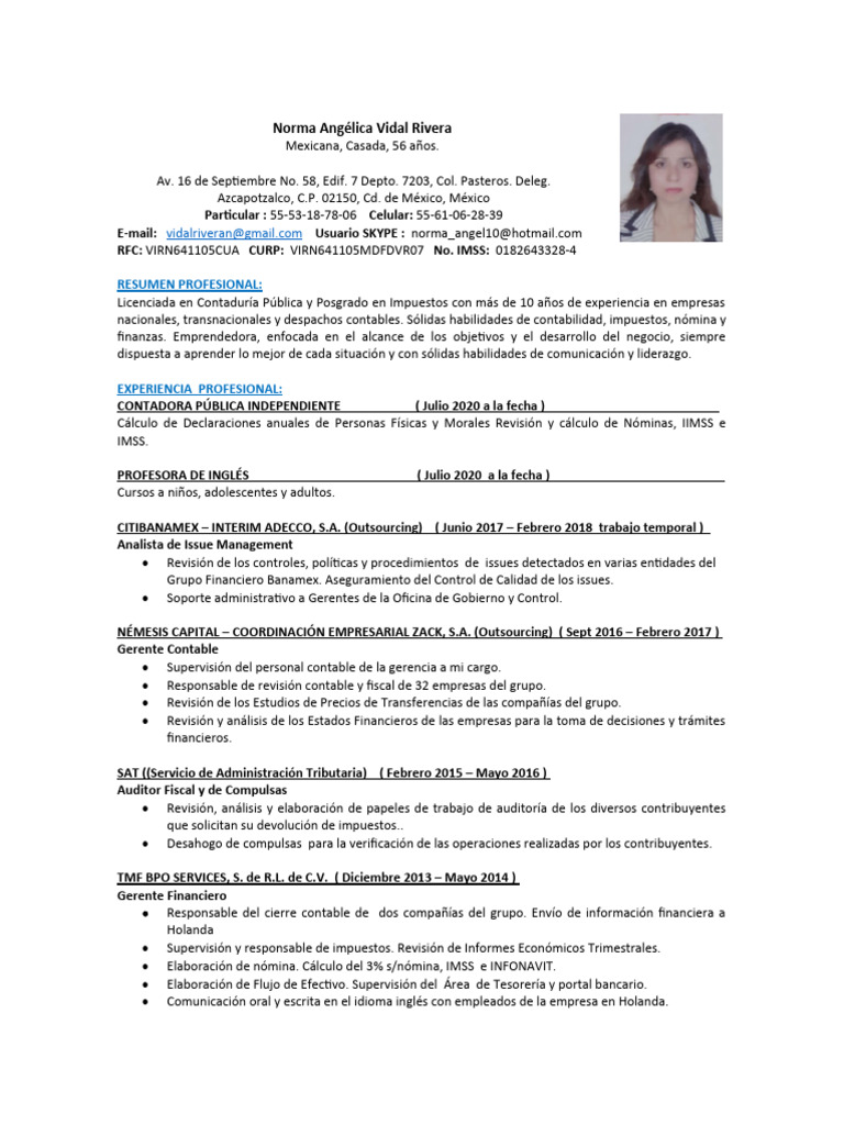 CV Norma Vidal Ok | PDF | Contador | Contabilidad