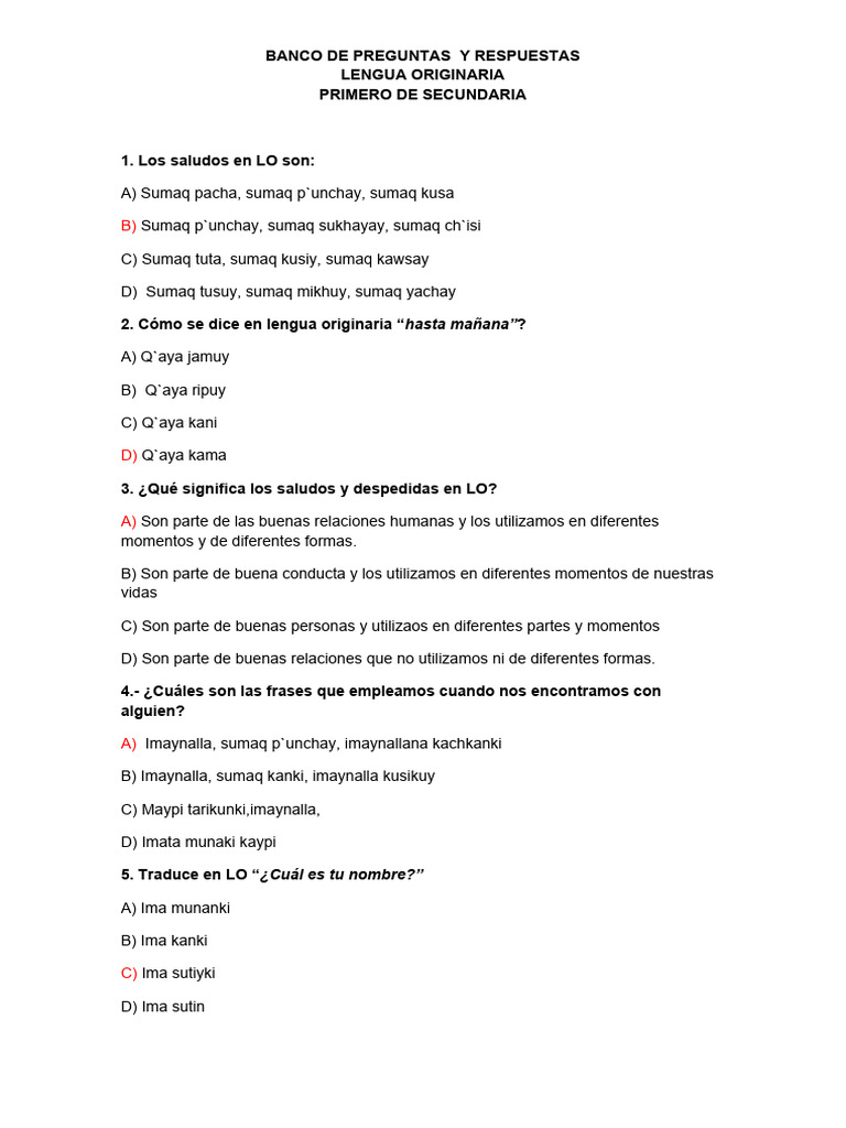 Banco de Preguntas y Respuestas, Lengua Originaria | PDF | Predicado (Gramática) | Sintaxis