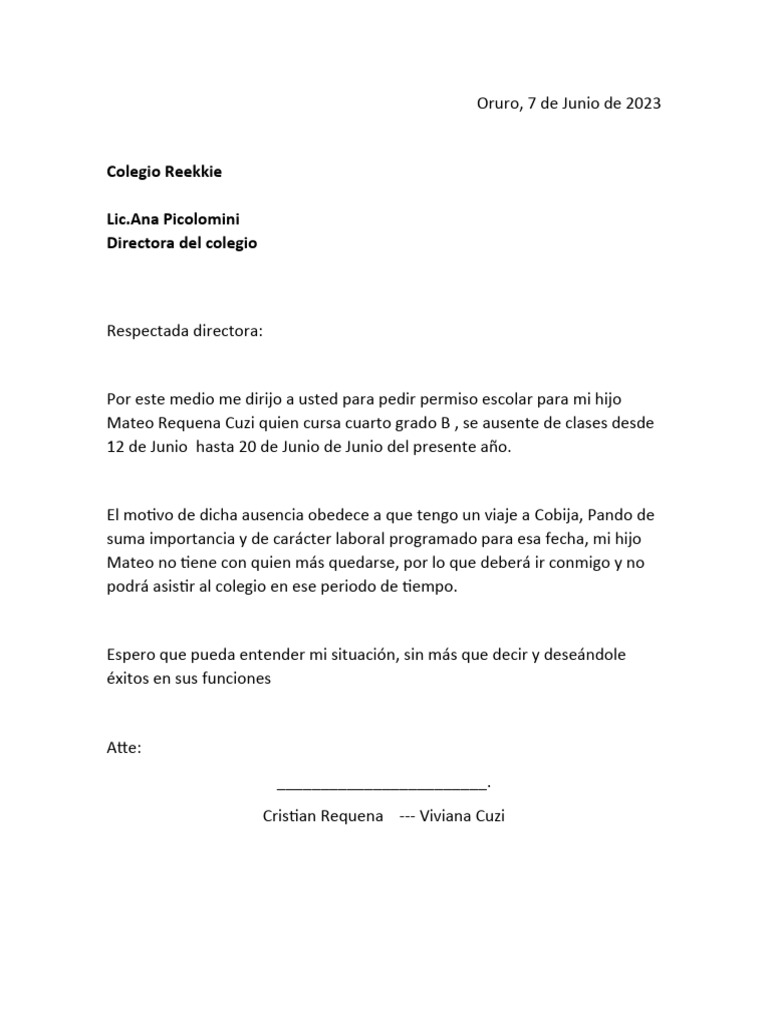 Carta de Permiso Escolar | PDF