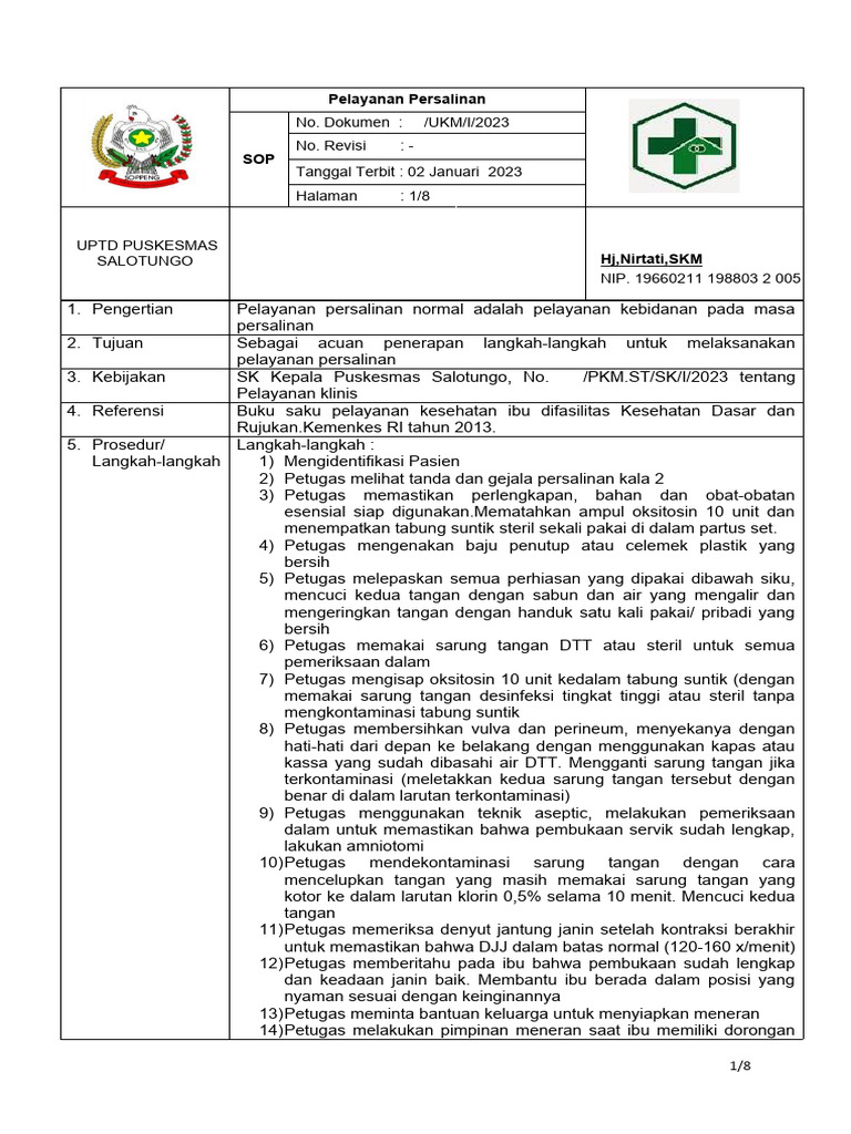 SOP Asuhan Persalinan Normal | PDF