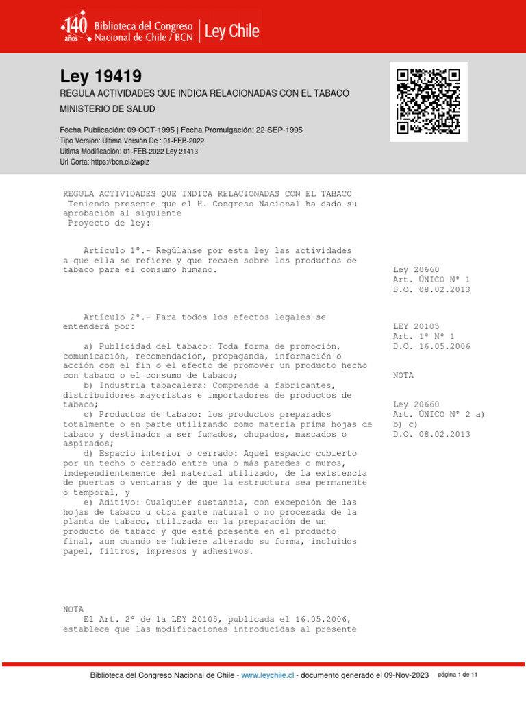 Ley 19419: Regulación del Tabaco en Chile | PDF | Tabaco | Cigarrillo