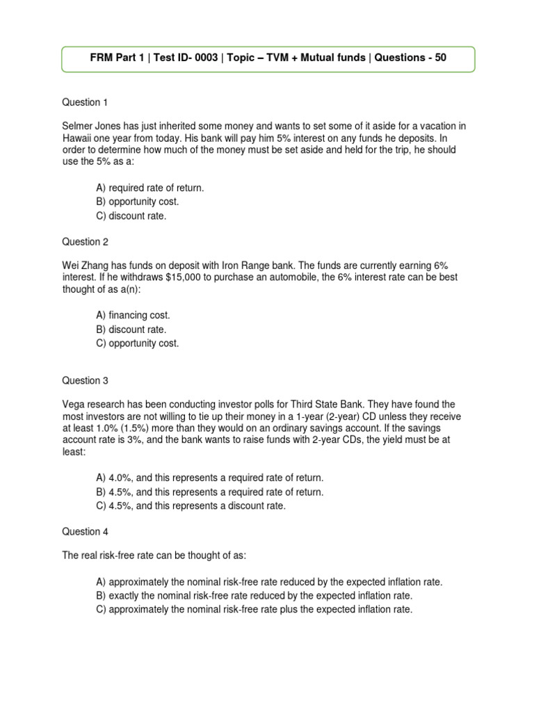 FRM Part 1 - Test ID - 0003 - Topic - TVM + Mutual Funds - Questions ...