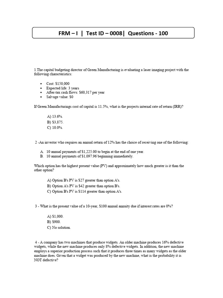 FRM 1 Test 08 Qs | PDF | Present Value | Internal Rate Of Return