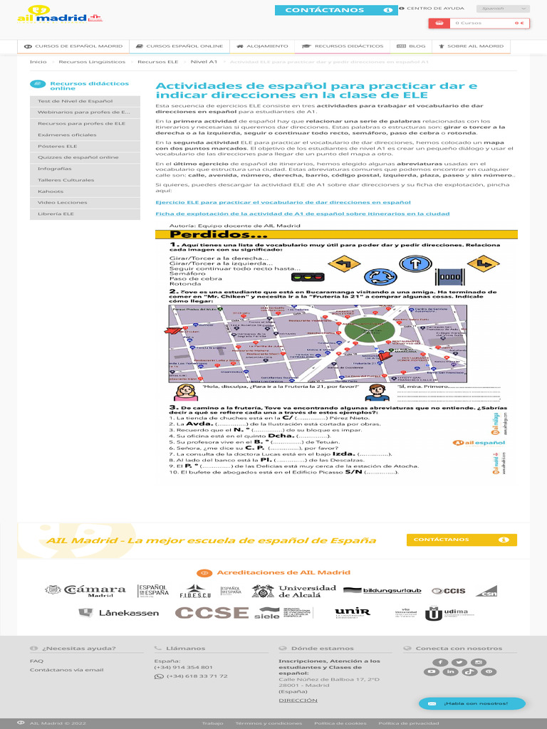 Actividad ELE para Practicar Dar y Pedir Direcciones en Español A1 AIL Madrid | PDF