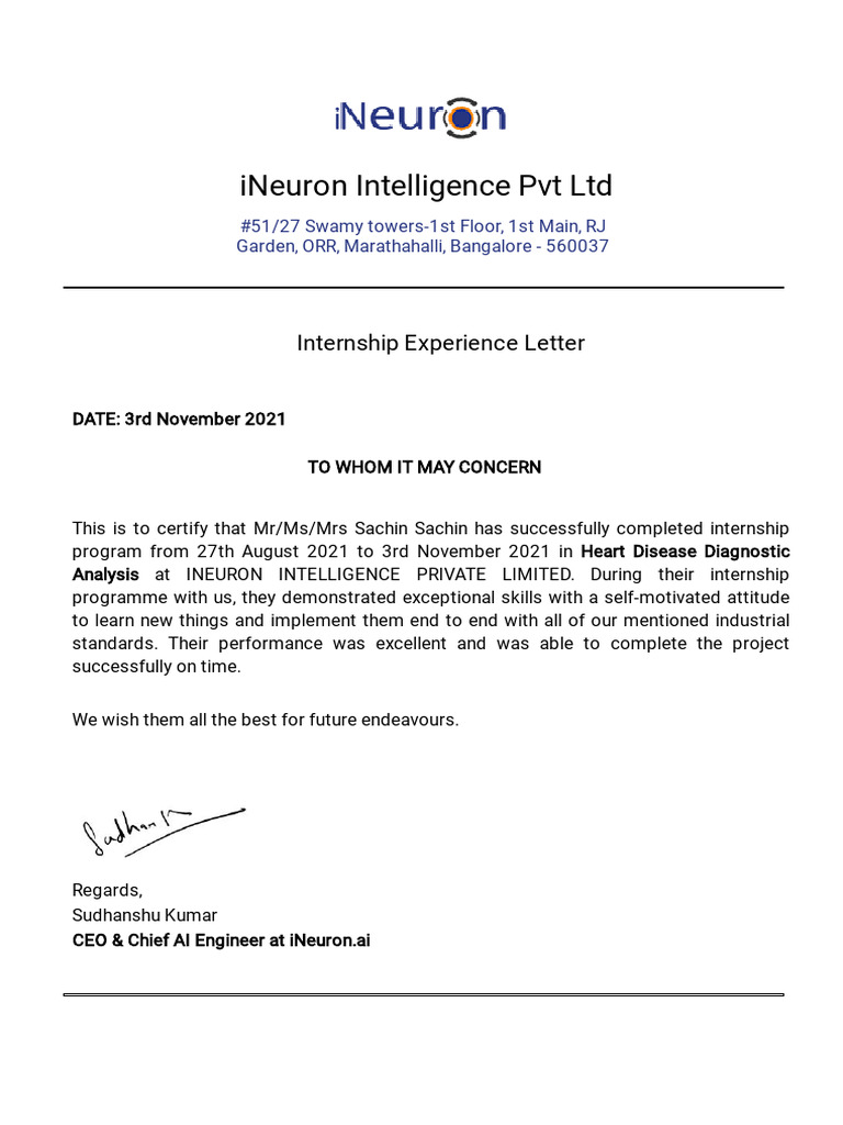 12 iNeuron Internship Experience Certificate | PDF