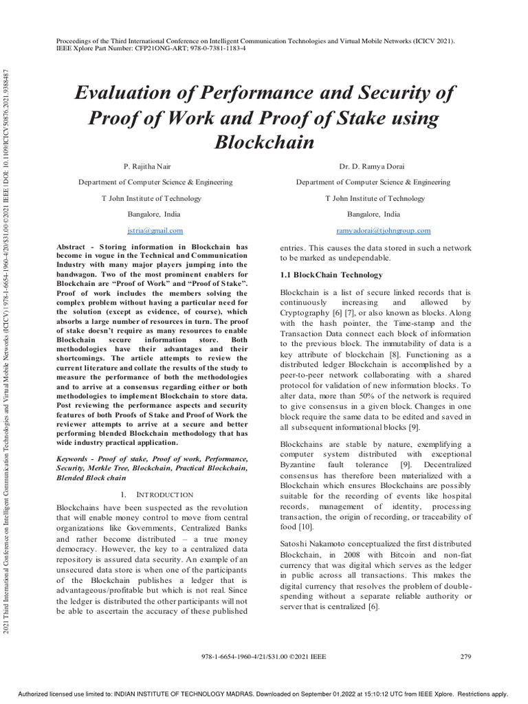 Evaluation Of Performance And Security Of Proof Of Work And Proof Of