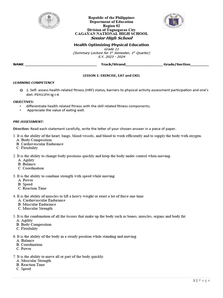 PE 11 Return | PDF | Aerobic Exercise | Physical Fitness