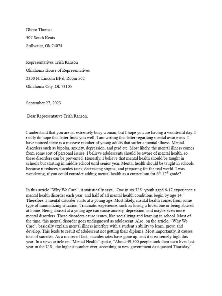 Dboro Thomas Letter | PDF | Anxiety Disorder | Mental Disorder