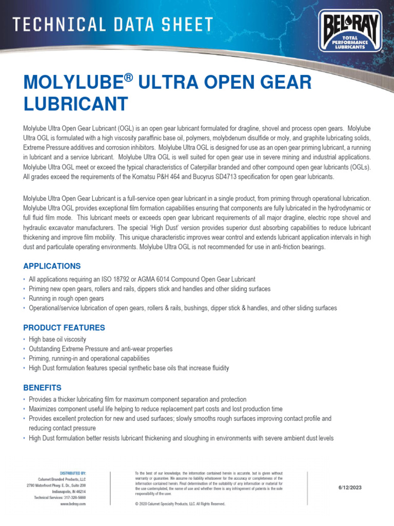 Bel Ray Molylube Ultra Open Gear Lubricant PDS 12june2023 1 | PDF ...